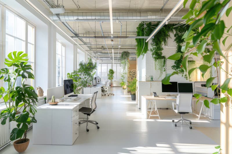Office Interior with Green Plants, Desks and Computers, Empty Modern ...