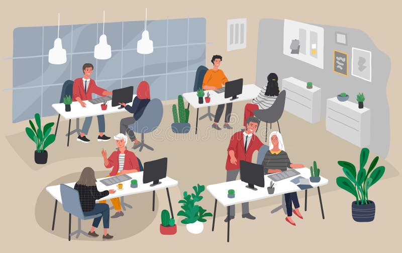 Office Interior with Group Workers Communicating or Talking To Client ...