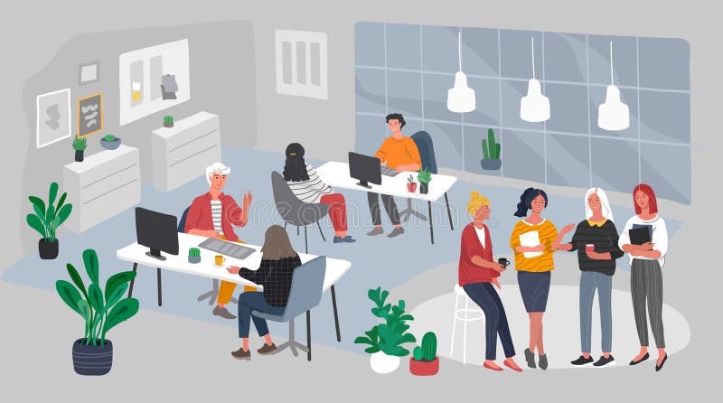 Office Interior with Group Workers Communicating or Talking To Client ...