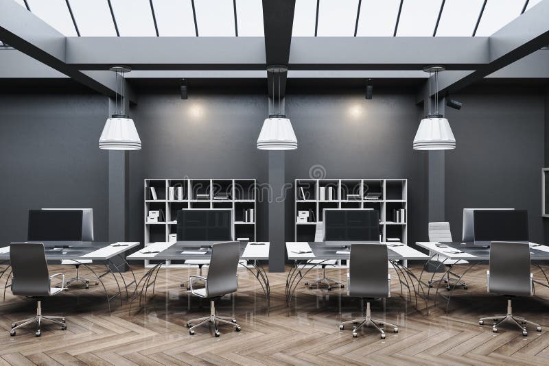 Office Interior Hall with Computer, Furniture and Shelf with Documents ...