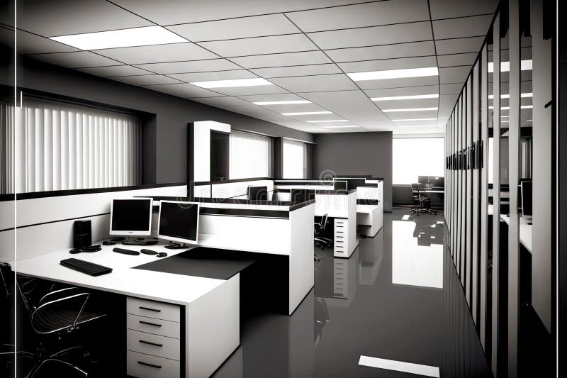 Office Interior in High-tech Verse with Separate Workplaces and Empty ...