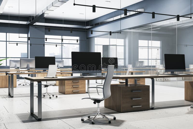 An Office Interior with Modern Design, Empty Desks with Computers ...
