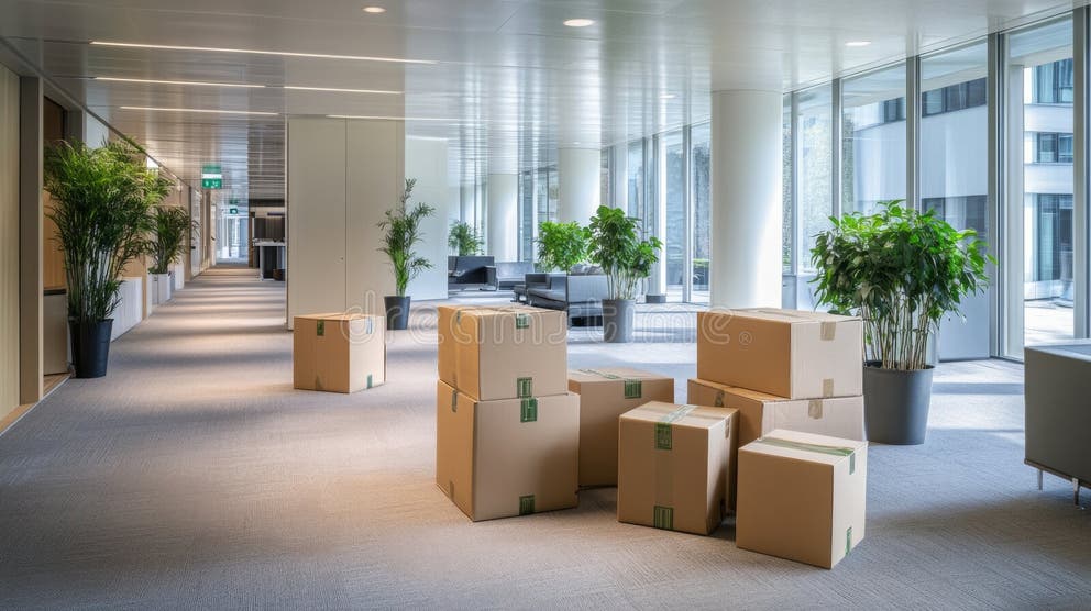 Office Interior with Moving Boxes and Plants Creating a Modern ...