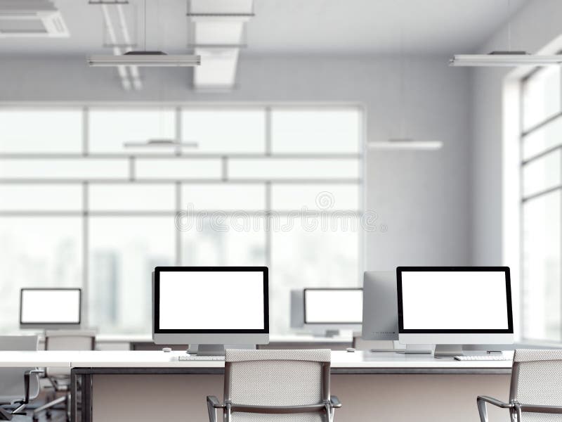 Office Interior with Multiple Computer Screens. 3d Rendering Stock ...