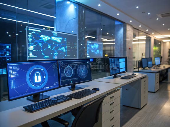 Office Interior with Multiple Glowing Monitors Showing Cybersecurity ...