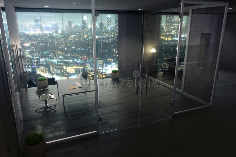 Office Interior Night City View Stock Illustration - Illustration of ...