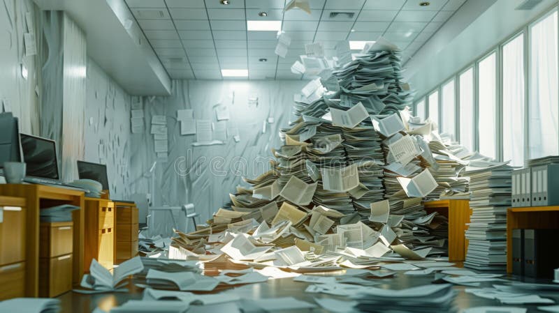 Office Interior Overwhelmed by Paperwork Stock Image - Image of ...