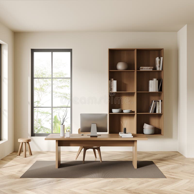 Office Interior with Pc Computer on Work Table, Shelf and Panoramic ...