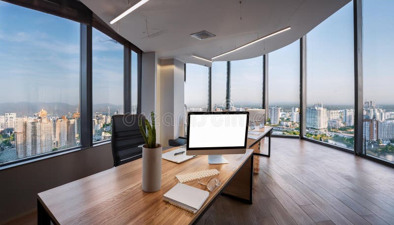 Office Interior with Pc Desktop Mockup Display, Coworking and Window ...