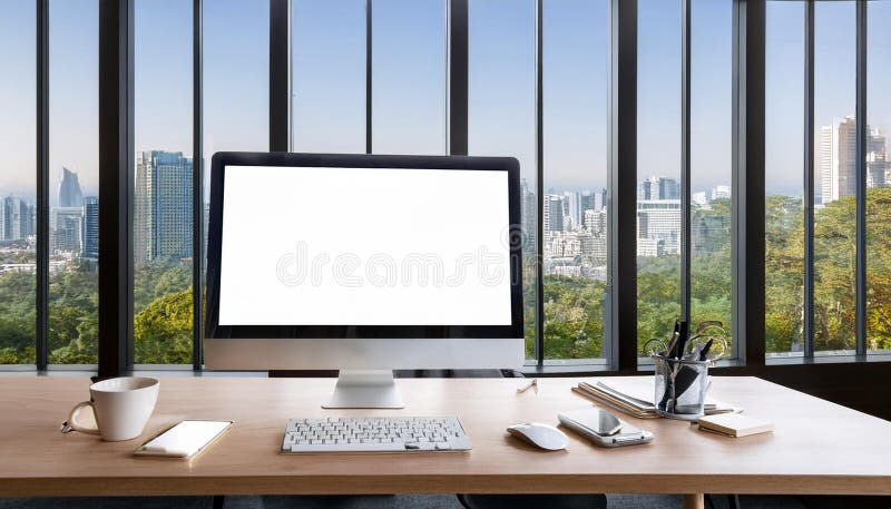 Office Interior with Pc Desktop Mockup Display, Coworking and Window ...