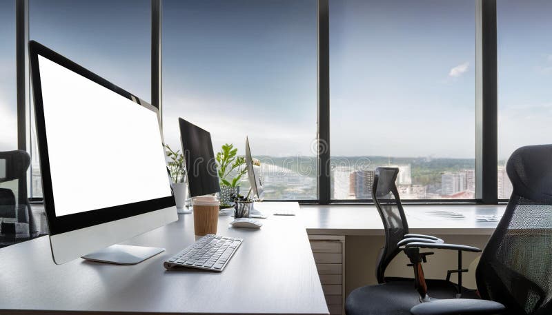 Office Interior with Pc Desktop Mockup Display, Coworking and Window ...