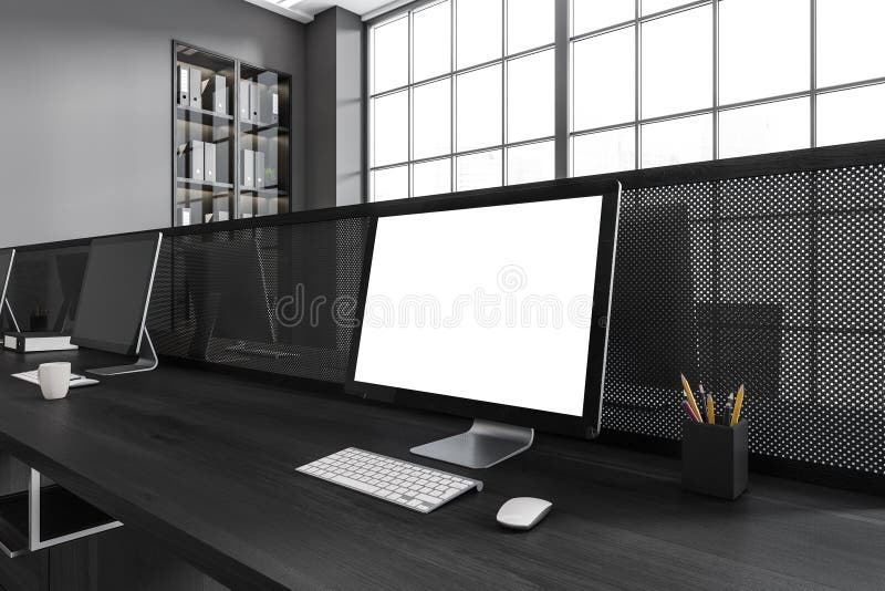 Office Interior with Pc Desktop on Table with Mockup Display, Panoramic ...