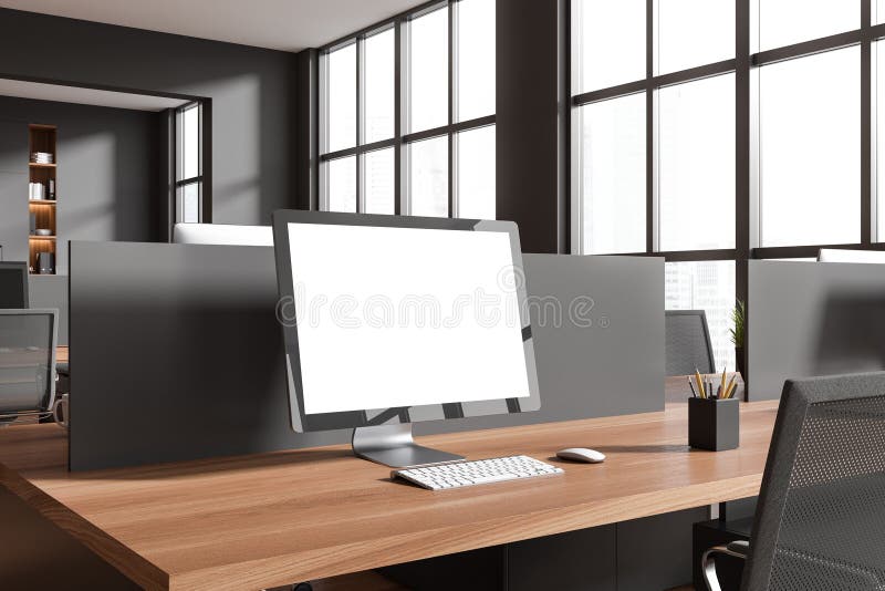 Office Interior with Pc Desktop on Table with Mockup Display, Panoramic ...