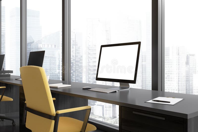 Office Interior with Pc Desktop on Table with Mockup Display, Panoramic ...