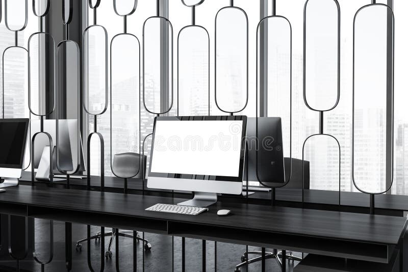 Office Interior with Pc Desktop, Table, Panoramic Window and Mockup ...