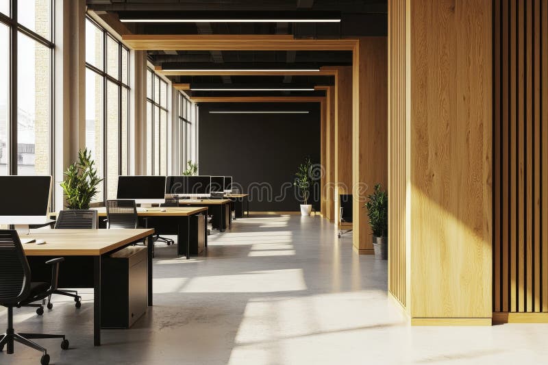 Office Interior with PC Monitors, Chairs, and Window. Mockup of a Wall ...