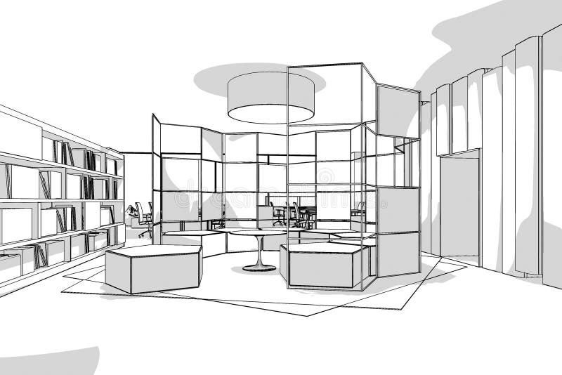 Office Interior Perspective Line Stock Illustration - Illustration of ...