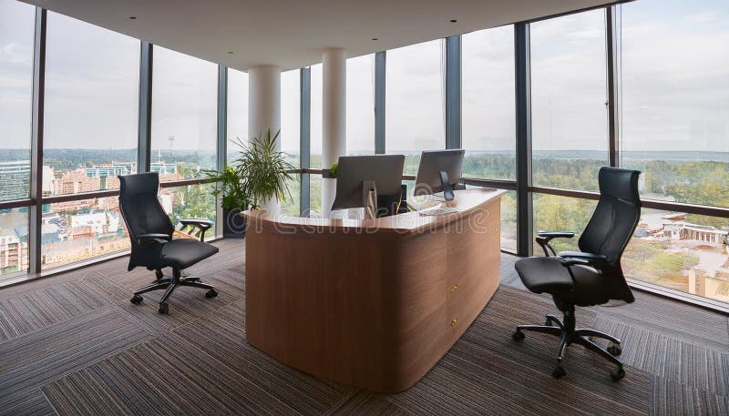Office Interior Reception Desk with Pc Computers and Armchairs ...