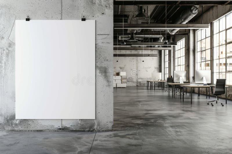 An Office Interior Rendered in 3D with a White Blank Poster Frame ...