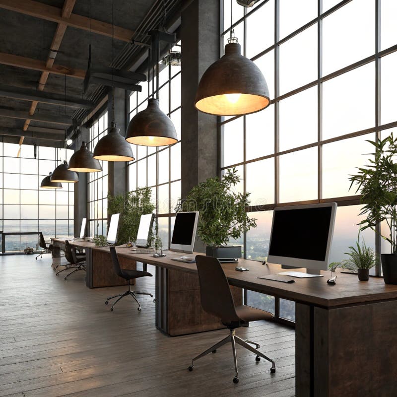 Front View of an Office Interior with Dark Wood Tables Stock Image ...