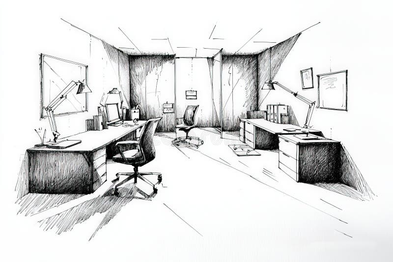 Office Interior Sketch: a Stylish Representation of an Office Workspace ...
