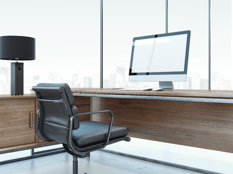 Office Interior with Table and Computer Monitor. 3d Rendering Stock ...