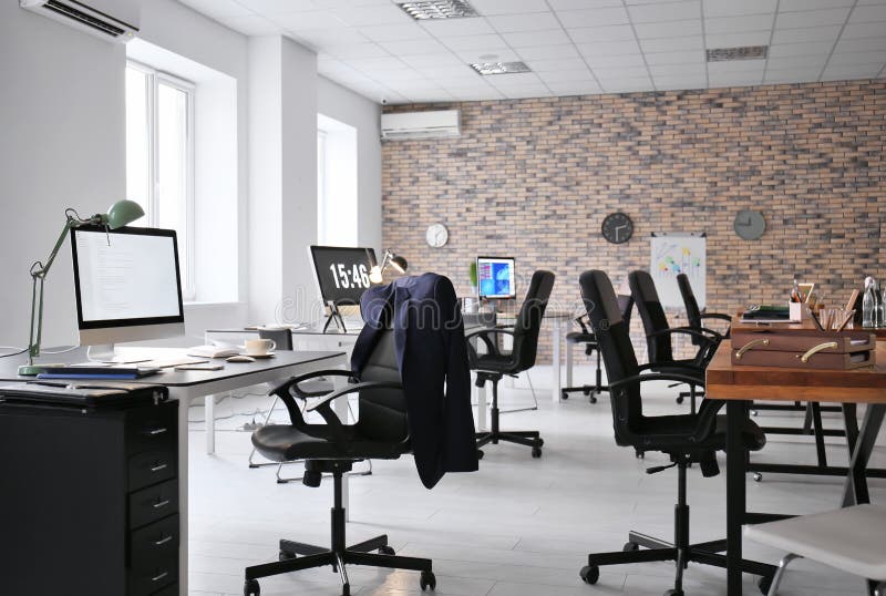 Office Interior with Computers and Tables. Workplace Design Stock Photo ...