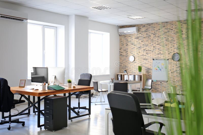Office Interior with Computers and Tables. Workplace Design Stock Photo ...