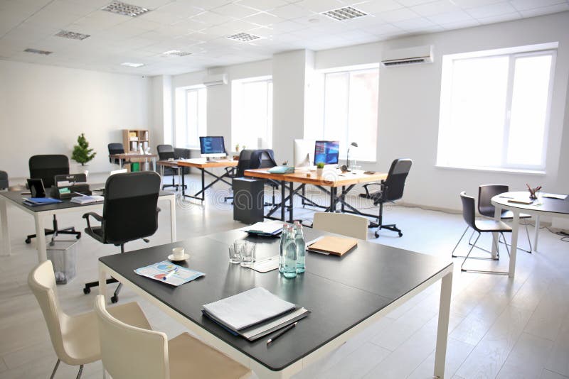 Office Interior with Computers and Tables. Workplace Design Stock Image ...