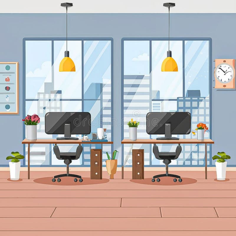 Office Interior Two Workplaces on the Background of the Windows. Stock ...