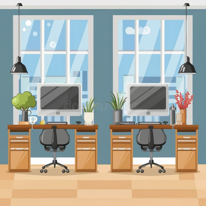 Office Interior Two Workplaces on the Background of the Windows. Stock ...