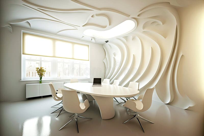 Office in Interior with White Design and Modern Conference Table Stock ...
