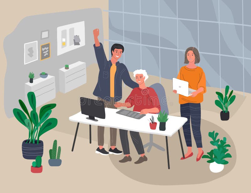 Office Interior with Workers Communicating or Talking To Client or ...