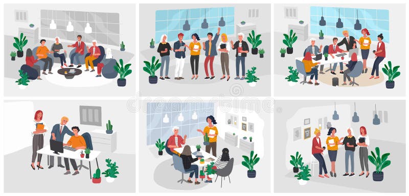 Office Interior Workplace with Group Workers Communicating or Talking ...