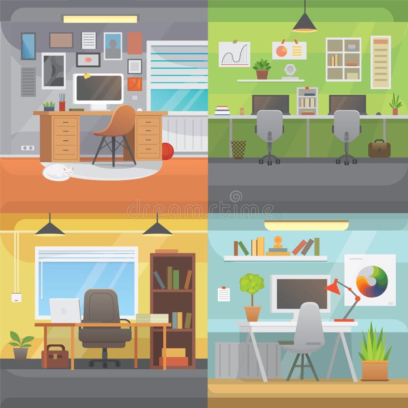 Office Interiors Horizontal Banners. Bussines Workplace with Computer ...