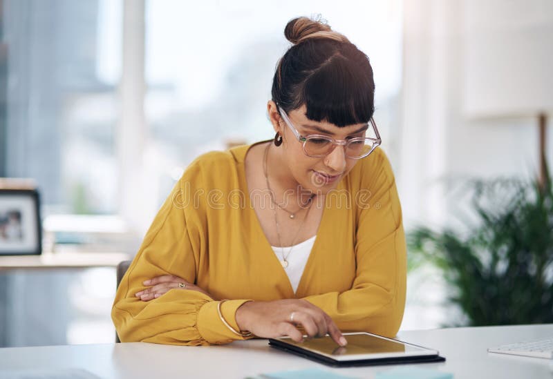 Office, Internet and Woman with Tablet at Desk for Online, Research or ...