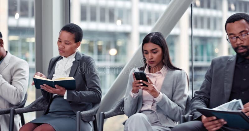 Office, Interview and Business People in a Waiting Room Reading about ...