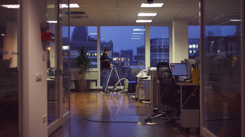 Office Janitor Cleaning after Hours in a Corporate Environment Stock ...
