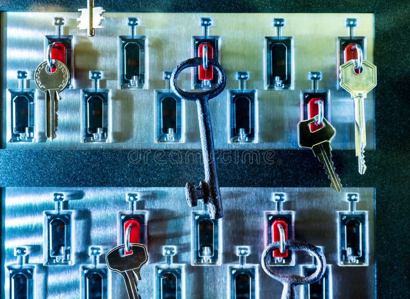 Office Keys Hanging Behind the Glass Stock Image - Image of background ...
