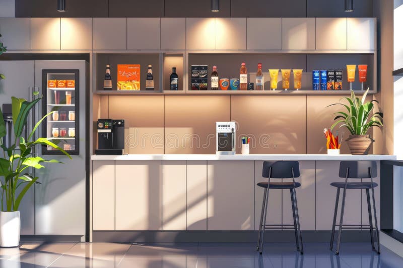 Office Kitchen with a Coffee Machine, Snacks, Sleek Cabinets, and a ...