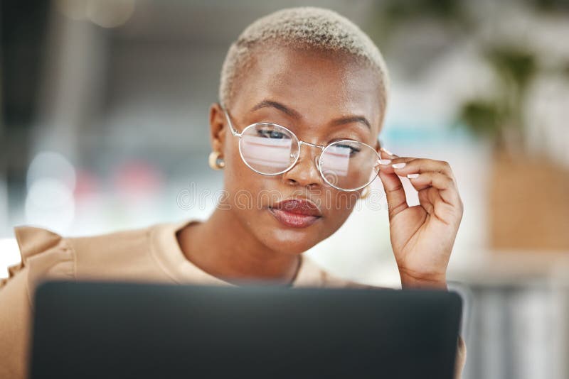 Office Laptop And Black Woman Reflection In Glasses And Thinking