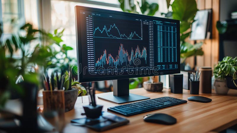 Office with a Large Digital Screen Displaying Complex Financial Data ...