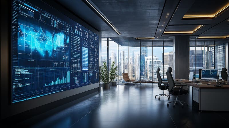Office with a Large Digital Screen Displaying Complex Financial Data ...