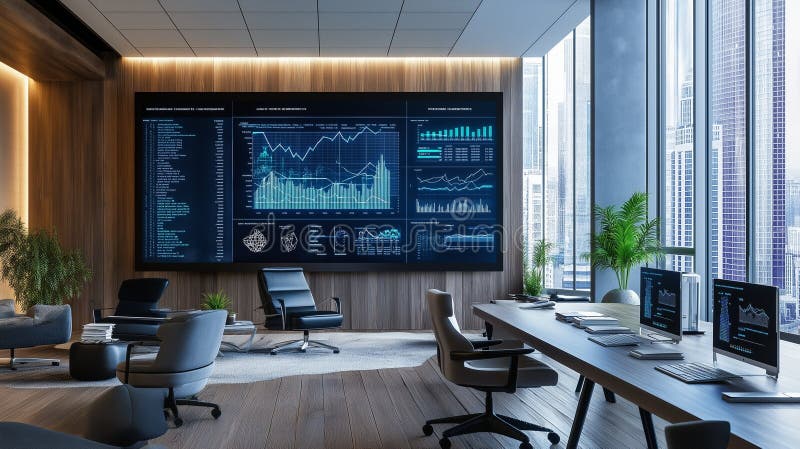 Office with a Large Digital Screen Displaying Complex Financial Data ...