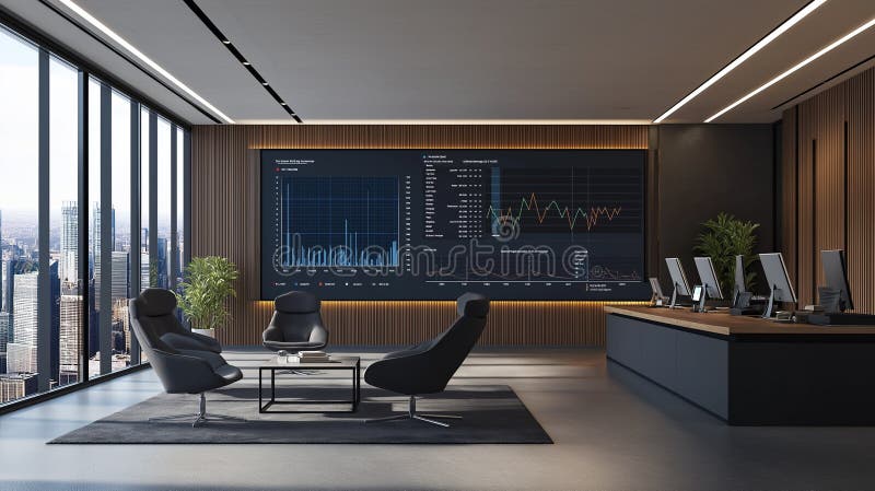 Office with a Large Digital Screen Displaying Complex Financial Data ...
