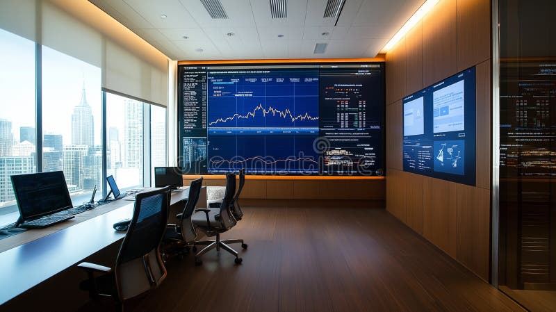 Office with a Large Digital Screen Displaying Complex Financial Data ...