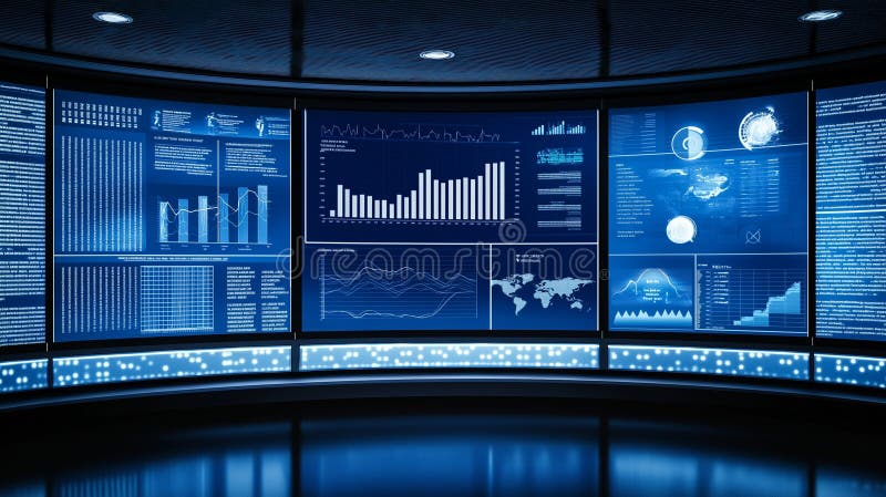 Office with a Large Digital Screen Displaying Complex Financial Data ...