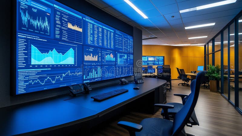 Office with a Large Digital Screen Displaying Complex Financial Data ...