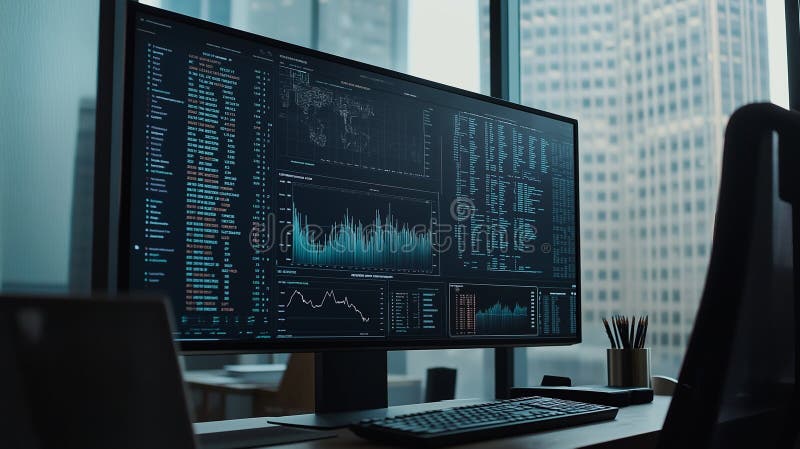 Office with a Large Digital Screen Displaying Complex Financial Data ...