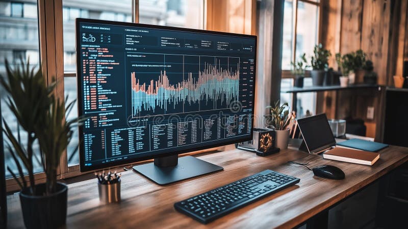 Office with a Large Digital Screen Displaying Complex Financial Data ...